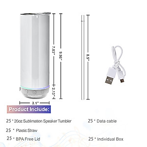 Icesip 25 Pack Music Speaker Tumbler, 20 oz Sublimation Tumbler Skinny Straight Double Wall Music Speaker Cup with Straw Lid & USB Charging Cable Grey