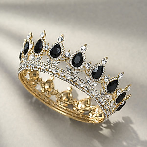 SWEETV Crystal Queen Crown for Women, Rhinestone Wedding Tiara Headband, Full Round Princess Crown Hair Accessories for Prom Birthday Costume Party,Champagne+Gold