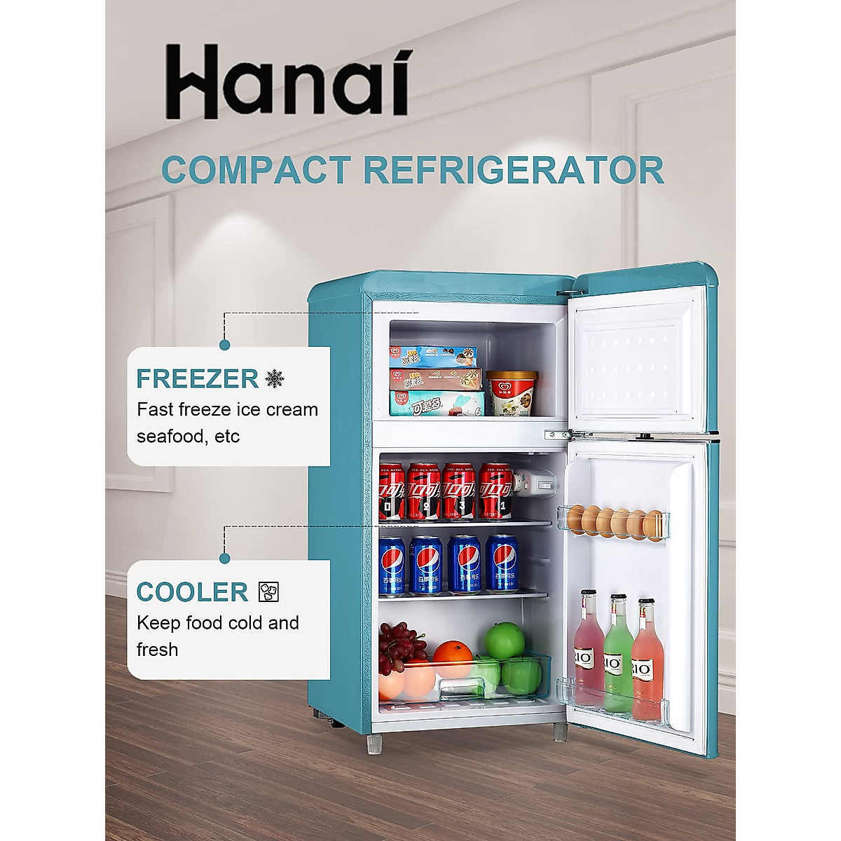 WANAI Compact Refrigerator 3.5 Cu.Ft Retro Mini Fridge with Freezer Dual Door Small Refrigerator with Adjustable Temperature，LED Lights, Removable Shelves, Mini Refrigerator for Dorm, Office, Bedroom