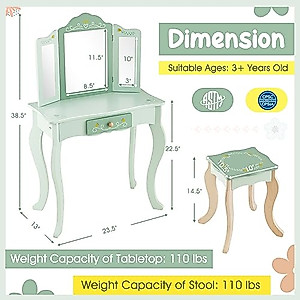 TUOCHUFUN Girls Vanity, 2 in 1 Kids Vanity Princess Makeup Dressing Table Chair Set with Tri-fold Mirror (Green)