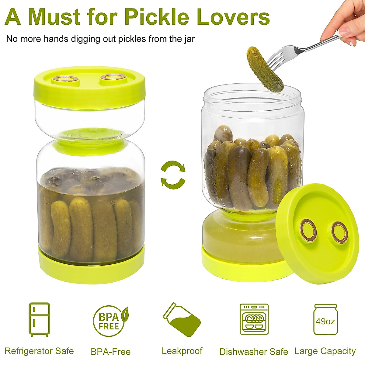 Glass Pickle Jar with Strainer Flip and Brush - 49oz Wide Mouth Hourglass Pickle Container for Wet and Dry Pickle Juice, Pickle Jar with 2 Leak Proof Airtight Lids, Time Recorder Jar, PicFood Storage