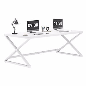 LVB 70.8" Long Desk, Modern Large White Computer Desk for Home Office Work, Wood Metal Computer Table for Writing Study in Bedroom, Simple Gaming Desk for 2 Monitor Workstation, White Oak, 70 in