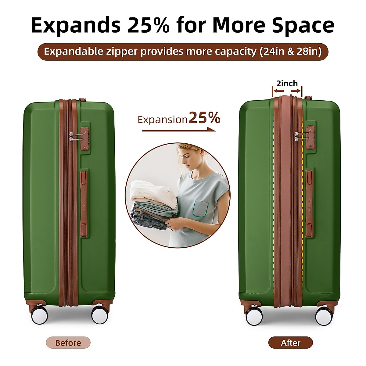 LARVENDER Luggage Sets 6 Piece, Expandable Hardside Suitcase Set Carry on Luggage with Spinner Wheels, Lightweight Travel Luggage Set with TSA Locks for Men and Women, Green