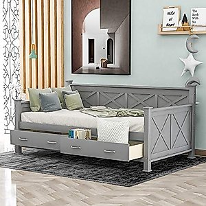 Oudiec Twin Daybed with Storage Drawers,Solid Pinewood Bedframe with Guardrail for Boys/Girls/Teens/Kids Bedroom,No Box Spring Needed,Gray