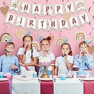 26 Pcs Rainbow Birthday Party Decorations with Bohemian Theme Happy Birthday Banner, Cake Toppers, Ceiling Hanging Swirl Spirals with Cards for Neutral Baby Shower Birthday Party Supplies