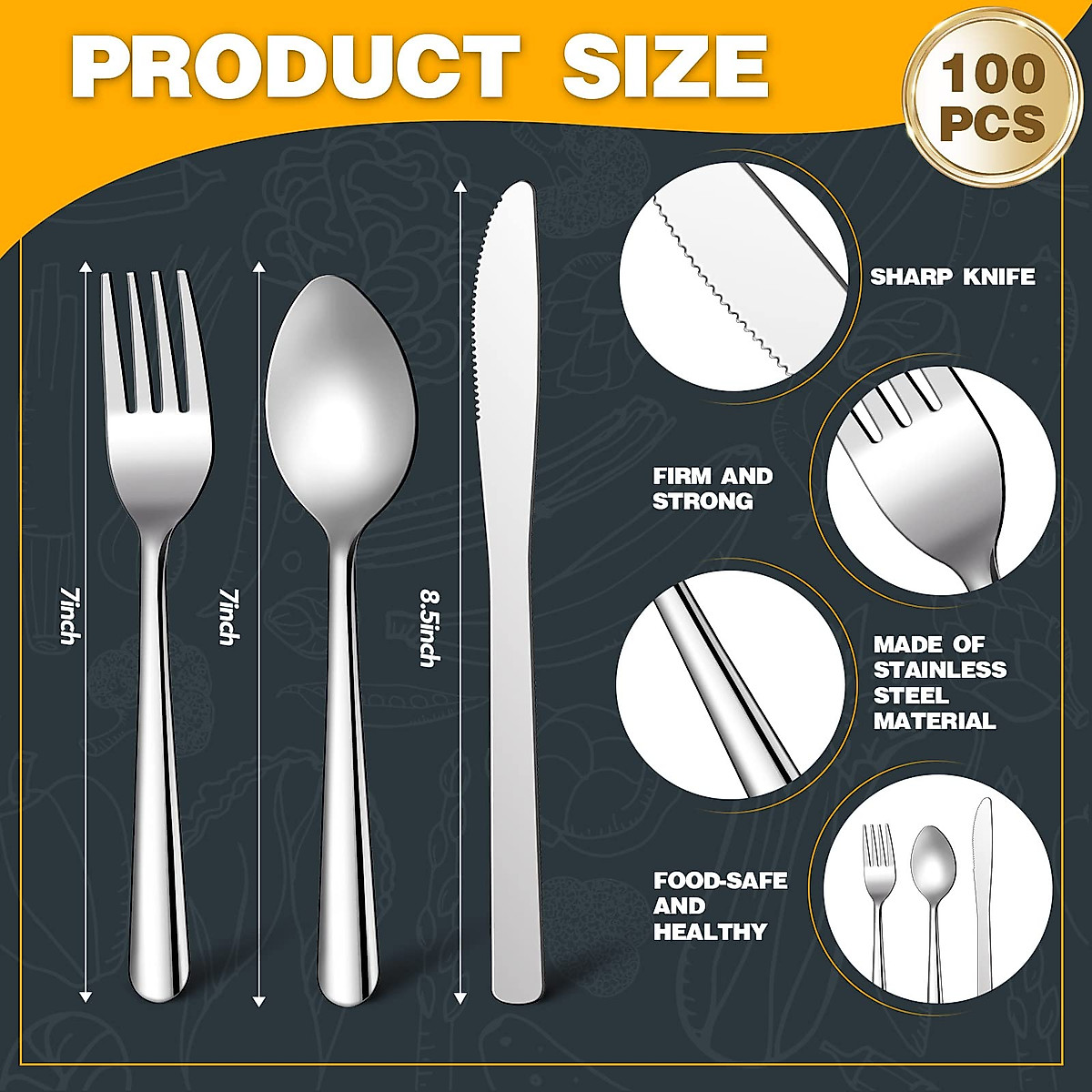 BBTO 100 Pcs Silverware Set for 33 Stainless Steel Flatware Set Mirror Polished Kitchen Utensils Cutlery Set with Square Edge Include 33 Knife 34 Fork 33 Spoon Tableware Set for Home, Dishwasher Safe