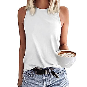 Langwyqu Womens Crewneck Sleeveless Tank Tops Summer Casual Loose Fit Basic Shirts White
