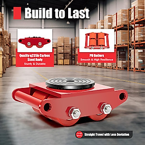 TFCFL 4pcs Machinery Mover with 2 Steering Handle 6T Machinery Moving Skate 13200lbs Machinery Skate Dolly w/ 360°Rotation Disc & 4 Rollers Machinery Skate Heavy Duty Industrial Moving Equipment, Red