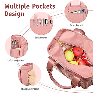 Insulated Lunch Bag for Women, Large Lunch Tote Bag with Removable Shoulder Strap, Lunch Box for Women, Leak Proof Cooler Lunch Bag for Work Picnic Hiking Beach (Pink)