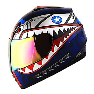 WOW Youth Motorcycle Full Face Helmet Street Bike BMX MX Kids Shark Blue + MX Skeleton Glove Bundle