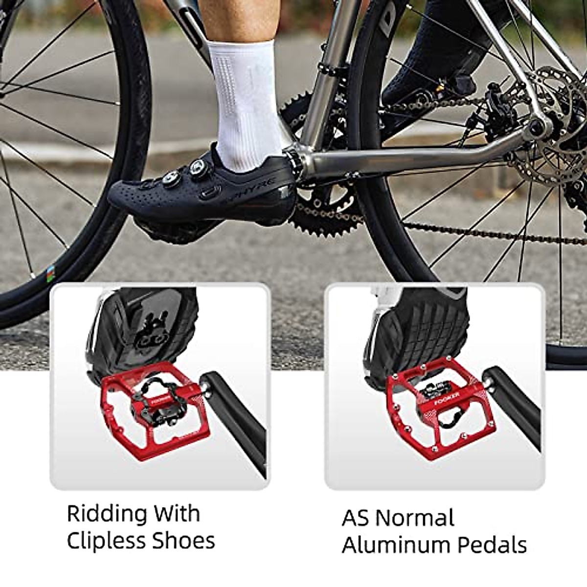 FOOKER MTB Mountain Bike Pedals, Dual Function Flat and Pedal,3 Sealed Bearing Flat Platform Compatible with Clipless Pedal Aluminum 9/16" Pedals with Cleats for Road Mountain BMX MTB