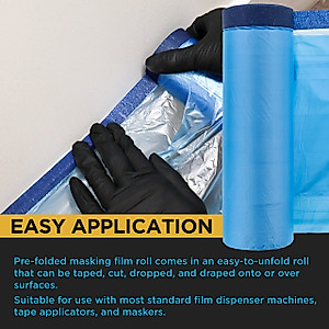 Dura-Gold 71" Wide x 65' Long Roll of Pure Blue Pre-Taped Masking Film, 3 Pack - Pre-Folded Overspray Paintable Plastic Protective Sheeting, Pull Down Drop Sheet - Auto Painting, Cover Walls Furniture