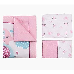 4Piece Soft Baby Girl Crib Bedding Set Pink Elephant Nursery Bedding Crib Set | Crib Comforter, Fitted Sheet, Dust Ruffle,Blanket