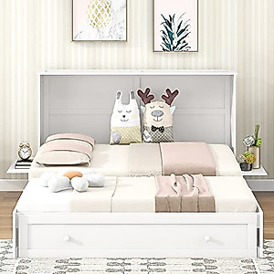 Flieks Queen Size Mobile Murphy Bed, Queen Platform Bed with Drawer and Little Shelves on Each Side, White