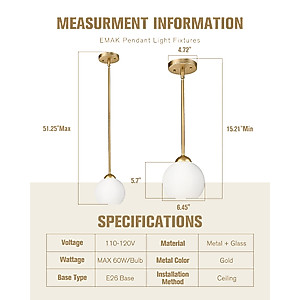 Emak 7 Inch Globe Pendant Lights, Modern Gold Pendant Light Fixtures, 1 Light Hanging Lights with Milk Glass Shade for Kitchen Island, Bathroom, Dining Room, Bedroom, PL119-GD-ML