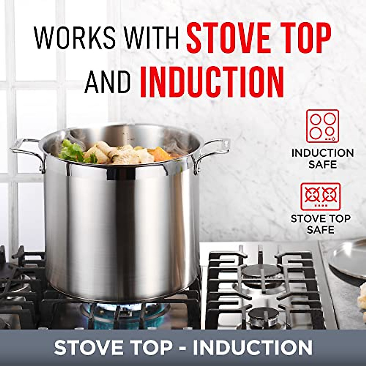 Stockpot – 24 Quart – Brushed Stainless Steel – Heavy Duty Induction Pot with Lid and Riveted Handles – For Soup, Seafood, Stock, Canning and for Catering for Large Groups and Events by BAKKEN