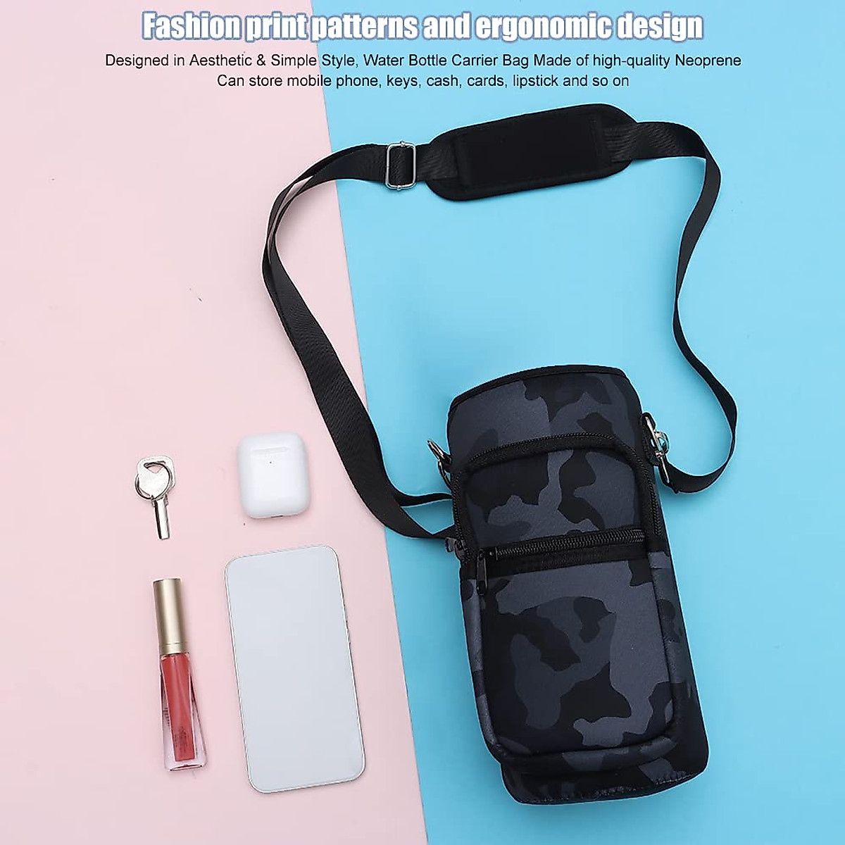 Insulated Neoprene Water Bottle Carrier Holder Sleeve - Fits 64oz Sport Water Bottle, with Adjustable Shoulder Strap & Pockets, Water Bottle Sling Bag Punch Cover for Gym Outdoor Camping Hiking(Black