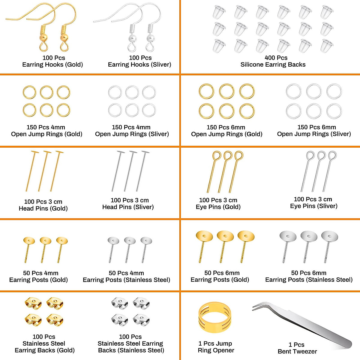 Modacraft 2000Pcs Earring Making Supplies Kit - Hypoallergenic, Includes Hooks, Findings, Posts, Backs, Pins, Jump Rings for Jewelry Making