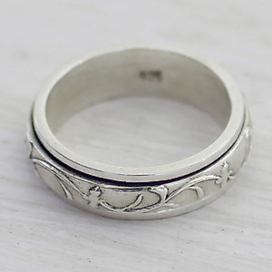 NOVICA Artisan Handmade Sterling Silver Meditation Spinner Ring Artisan Crafted from India No Stone Band [band Width 5 mm W] ' Spinning Vines'