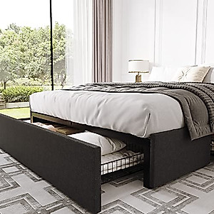 IMUsee Queen Bed Frame with Storage, 3 Large Drawers on Wheels, Fabric Upholstered Platform Bed, No Box Spring Needed, Wood Slats Support, Easy Assembly, Dark Grey