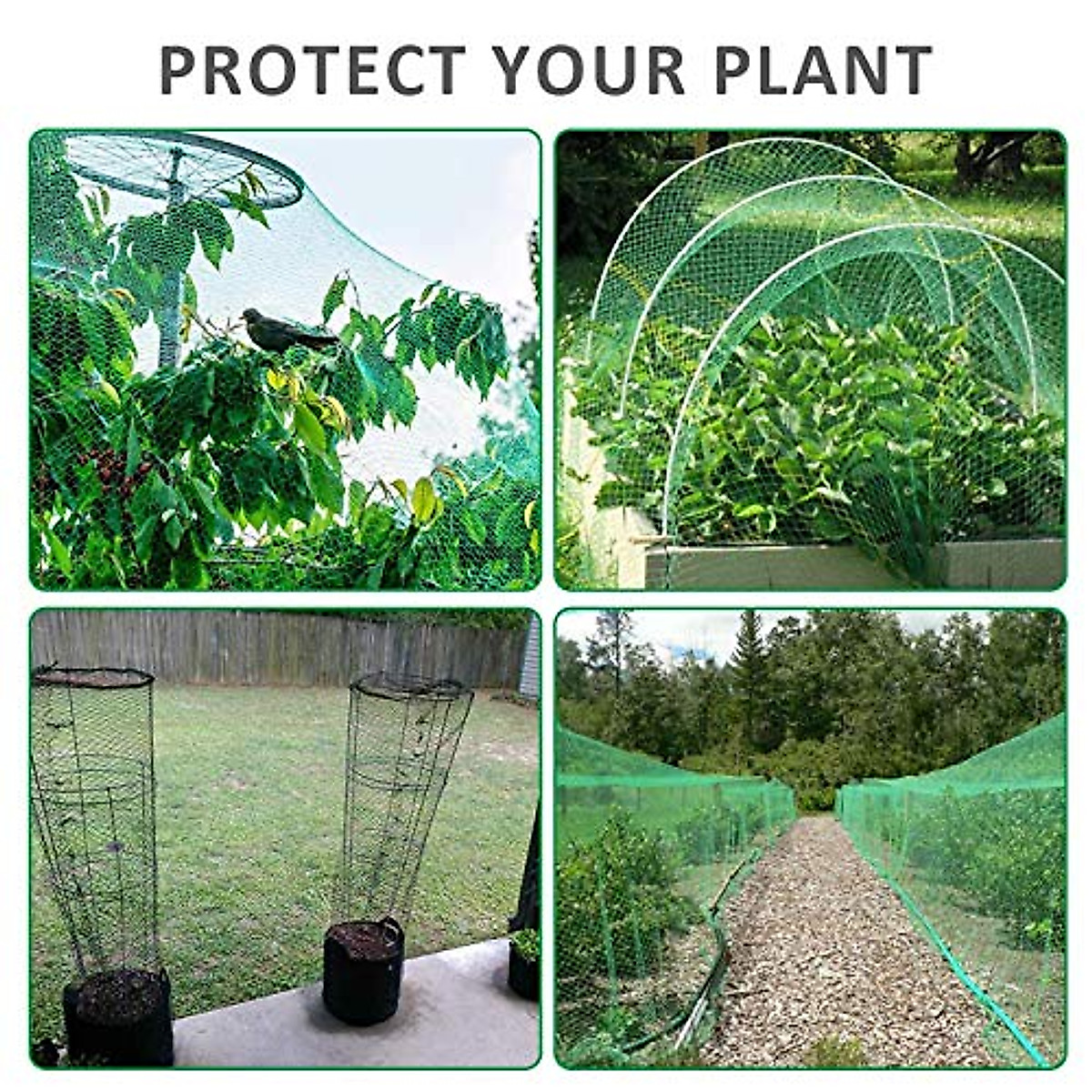 Garden Netting Anti Bird Protection Net 4M x 10M / 13Ft x 33Ft Green Garden Plant Netting Fruit Trees Netting with 20 Tacks and 50 Ties