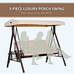 Outsunny 3-Seat Patio Swing Chair, Outdoor Porch Swing Glider with Adjustable Canopy, Removable Cushion, Pillows and Side Trays, for Garden, Poolside, Backyard, Beige