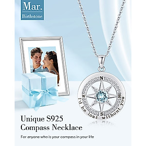S925 Sterling Silver Necklace for Wife, Anniversary Year Gifts for Wife Compass Jewelry, Birthday Gift Ideas for Her Girlfriend Woman Necklaces, 18K White Gold March