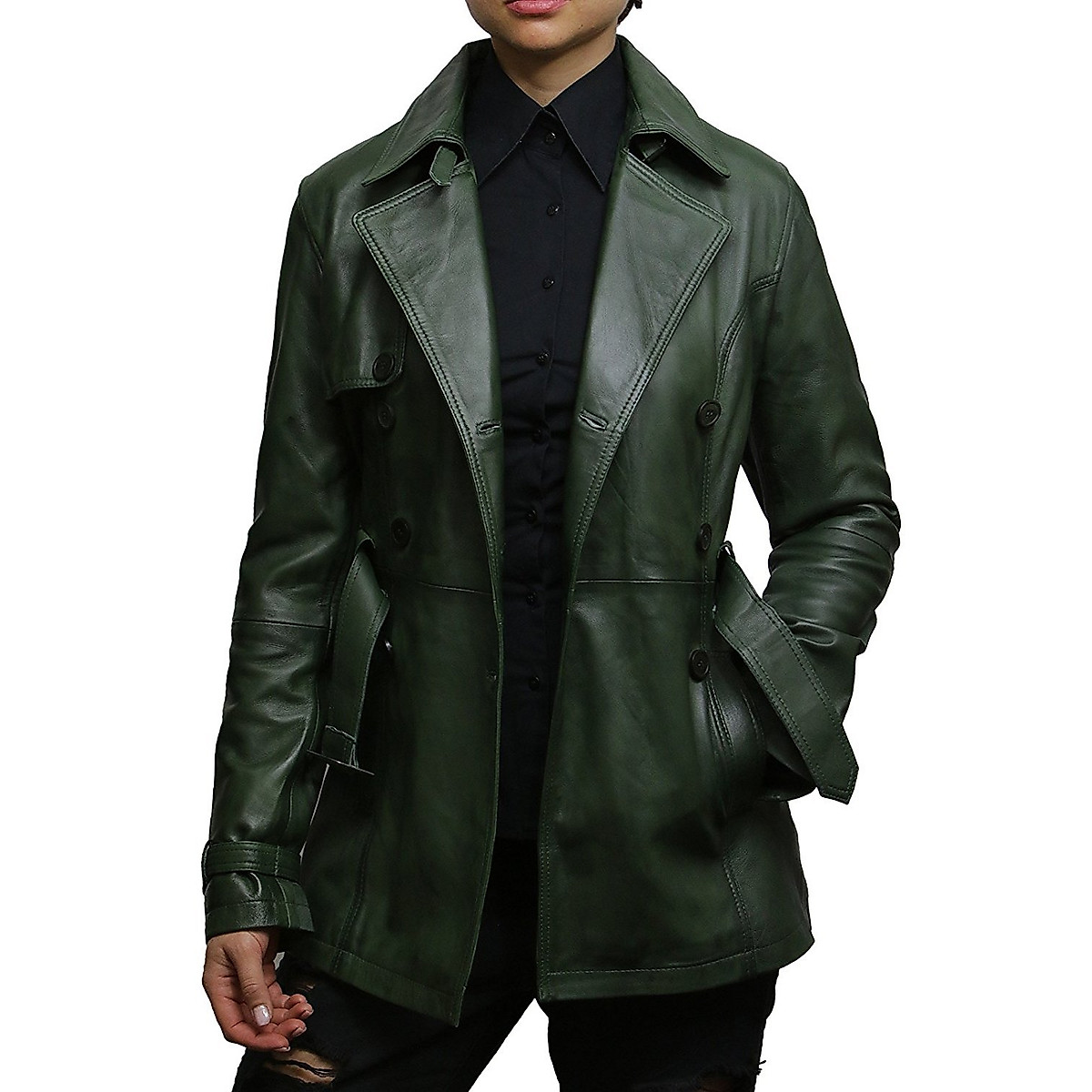 Brandslock Womens Genuine Leather Biker Jacket Coat (Olive, L)