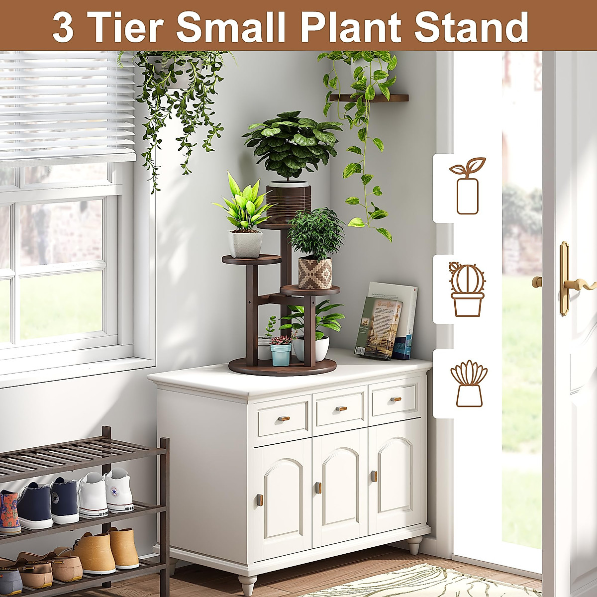 FILWH Plant Stand Small Bamboo Plant Stand Outdoor Indoor Movable Flower Stand With Wheels Plant Shelf Pot Holder Plants Corner Display Rack Multiple Planter For Living Room Balcony Garden Patio (3
