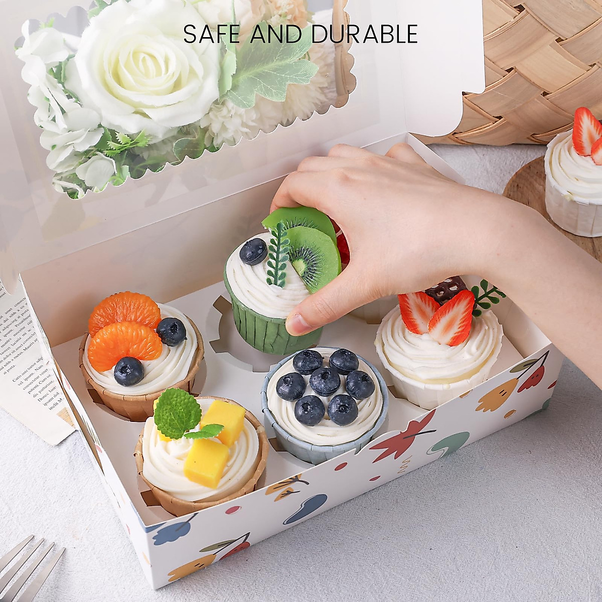 JOHOUSE 6 Count Cupcake Boxes, 6 Sets Cupcake Container with Windows and Inserts Bakery Boxes for Cupcakes Muffins Cookies 9.5" x 6.3" x 3"