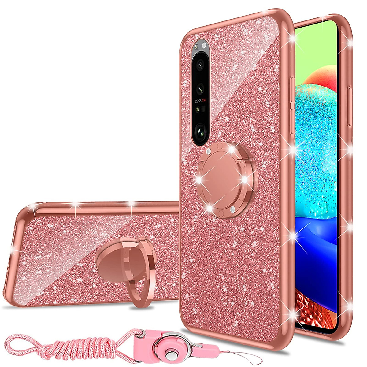 nancheng for Sony Xperia 1 III Phone Case (2021) with Ring Kickstand Lanyard Shockproof Protection Cover - Rose Gold