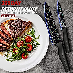 Astercook Knife Set, 12 Pcs Colorful Geometric Pattern Kitchen Knife Set, 6 Stainless Steel Kitchen Knives with 6 Blade Guards, Dishwasher Safe, Black