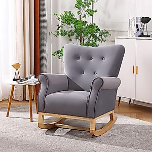FurniTribe Nursery Rocking Chairs, Upholstered Velvet Nursery Glider Rocker with Comfy Armrest, Accent Nursing Rocking Chair with Solid Wood Legs for Baby Nursery (Gray)
