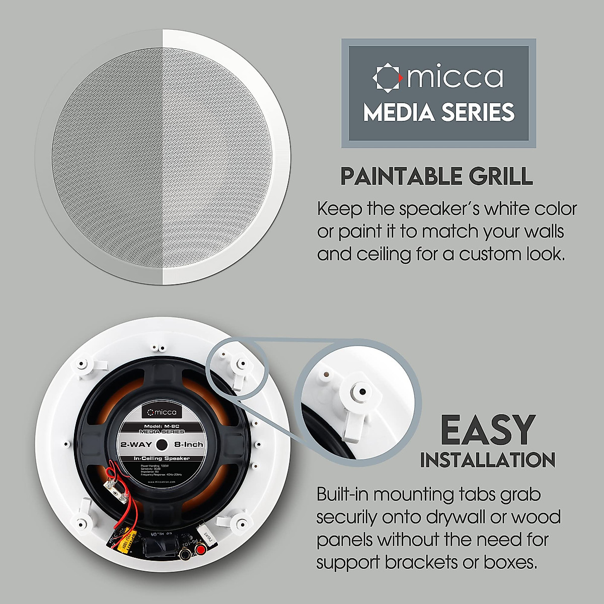 Micca M-8C 2-Way in-Ceiling Round Speaker, 9.4" Cutout Diameter, Whole House Audio, Home Theater, Indoor or Covered Outdoor, 8" Woofer, 1" Tweeter, White, Paintable, Each