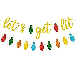JOZON Gold Glittery Let's Get Lit Banner and and Colorful Glittery Christmas Lightbulb Themed Banner Christmas Garland Signs Christmas Holiday Party Supplies for Mantle Fireplace Wall Party Decorations
