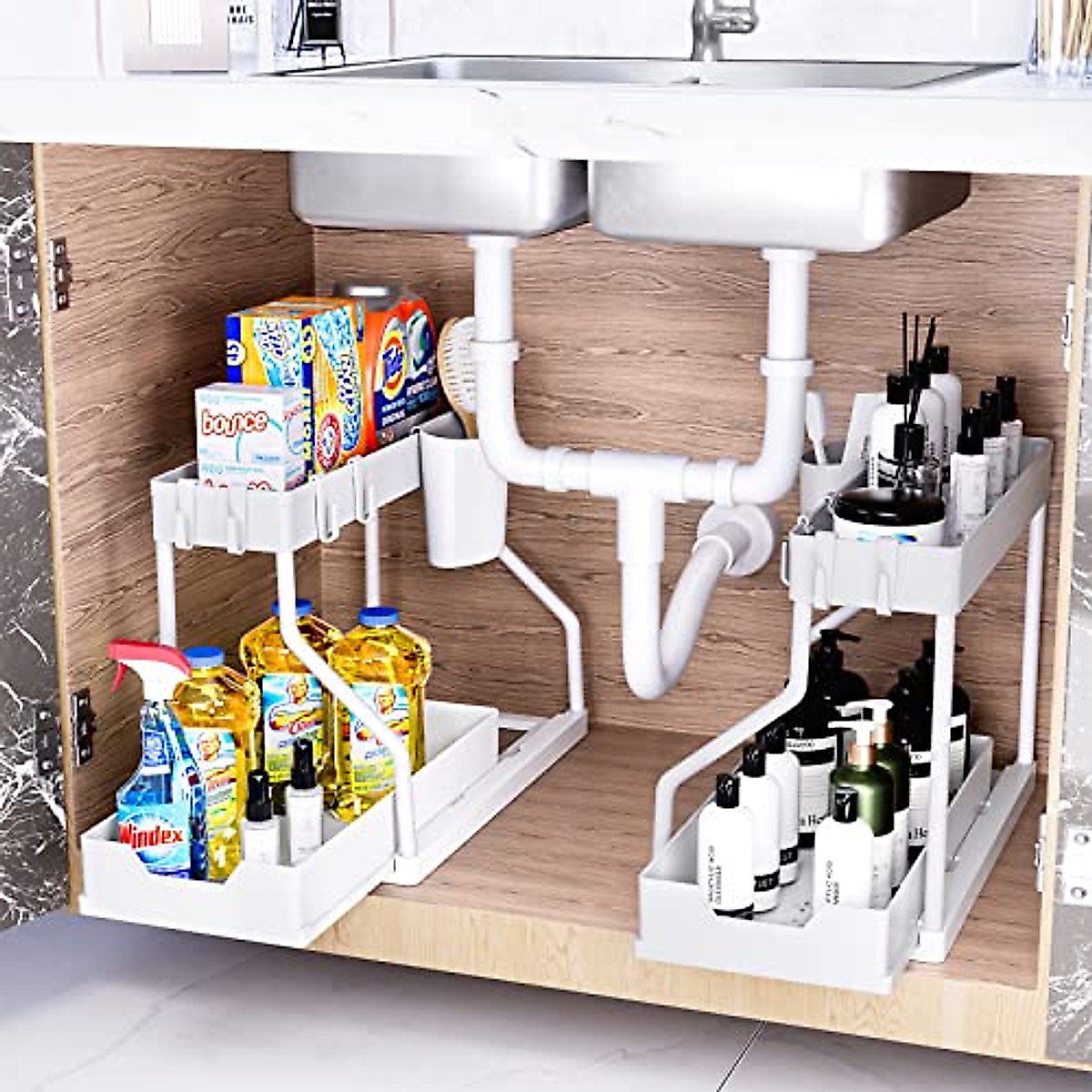 Puricon 2 Pack Under Sink Organizer, 2-Tier L-Shape Sliding Under Sink Organizers and Storage, Under Counter Storage Organizer Pull Out Under Sink Storage for Kitchen Bathroom -White