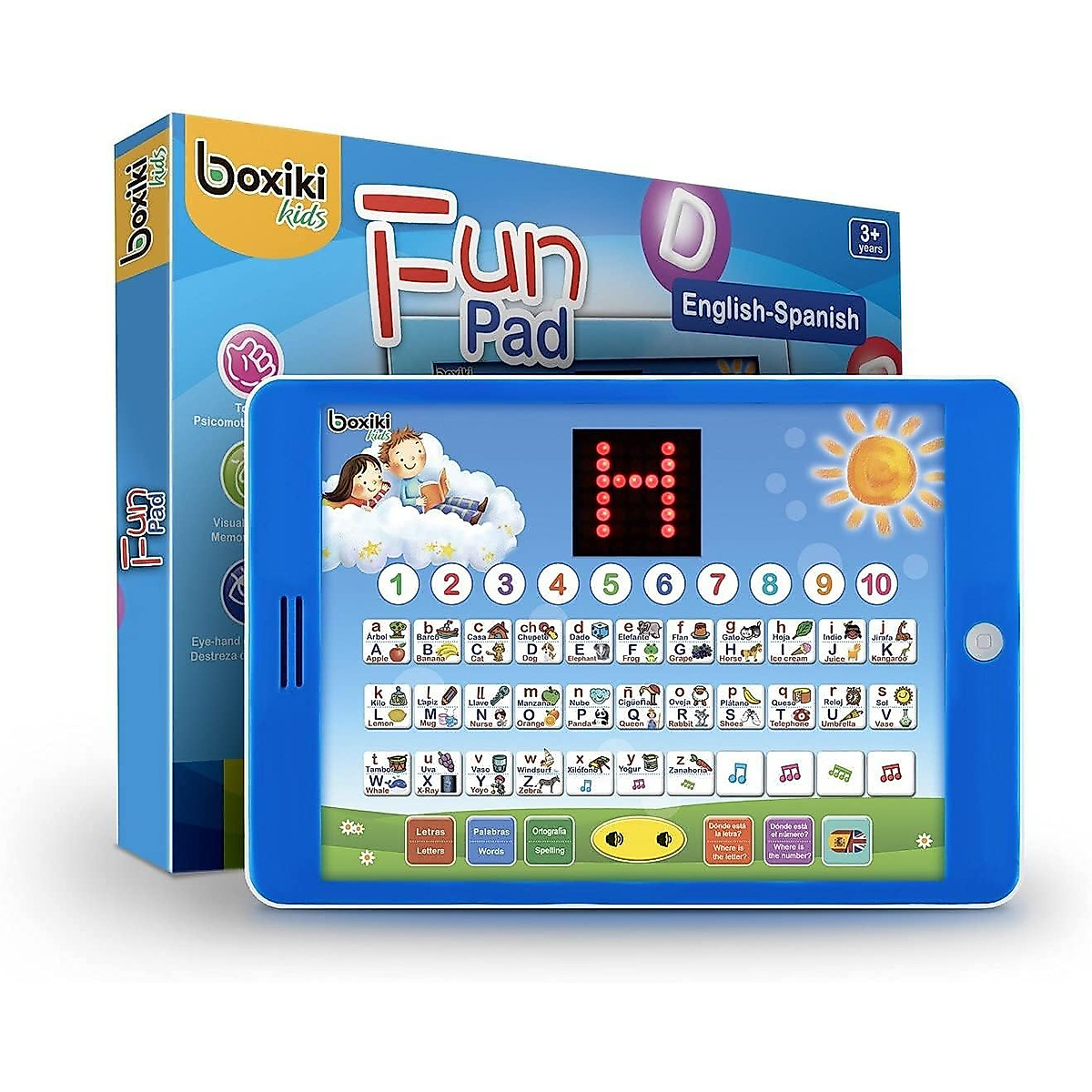 Boxiki kids Spanish-English Learning Bilingual Tablet Educational Toy with LED Screen Display. Learn Spanish and English with ABC Games and Spelling. Kids Love Our Interactive Educational Toys