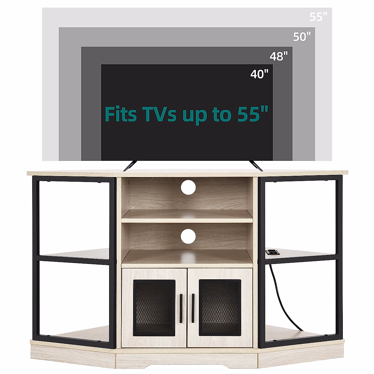 YITAHOME Corner TV Stand for TVs up to 55/50 Inch with Power Outlet, Modern Farmhouse Entertainment Center, Wood TV Media Console with Storage Cabinets Shelves for Living Room, White Oak