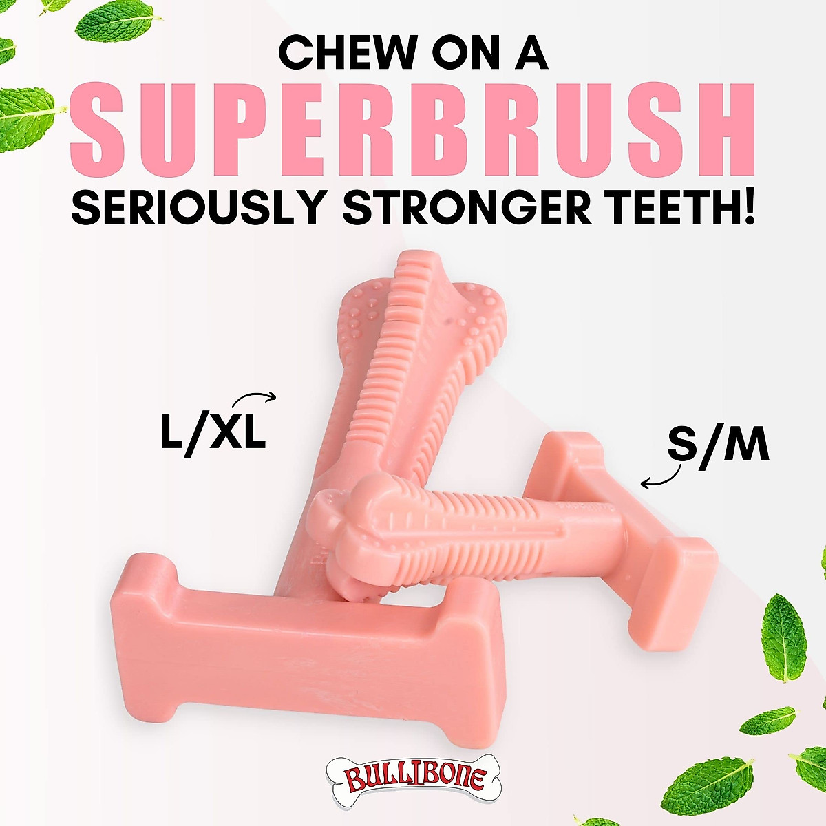 Bullibone SuperBrush: Dog Teeth Cleaning Brushing Toothbrush Stick - Long Lasting Nylon Pink Peppermint Chew Toy for Oral Care and Dental Health