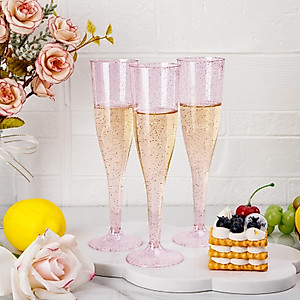 WDF 36 Pack Pink Glitter Plastic Champagne Flutes - 7OZ Pink Champagne Flutes Plastic, Champagne Glasses Glitter Pink Champagne Flutes, Plastic Flutes Champagne Disposable for Party & Wedding