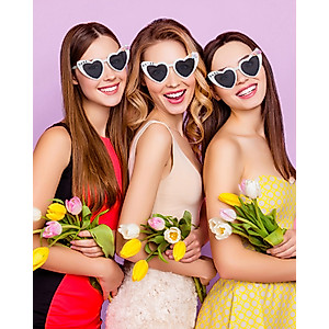 Xuhal 13 Pairs Valentines Day Heart Party Sunglass Bulk Bachelorette Glasses with DIY Letter Bead Pearl for Wedding Party(White)
