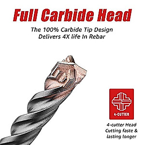 EZARC PGM Masonry Drill Bit Set 5PC SDS-Plus Hammer Drill Bits 4-Cutter Carbide Tips for Reinforced Concrete, Masonry, Marble, Brick and Tile