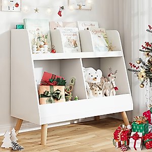 Curipeer Kids Bookshelf and Toy Organizer, 5 Cubbies Wooden Open Bookcase, 2-Tier Baby Storage Display with Legs, Free Standing Bookshelf for Playing Room, Bedroom, Nursery, Classroom, White