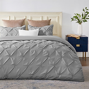 Bedsure Grey Duvet Cover Queen Size - Pinch Pleated Queen Size Duvet Cover with Zipper Closure, Microfiber Pintuck Duvet Cover(Grey, Queen)