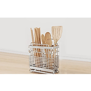 Sturdy 304 Stainless Steel Utensil Drying Rack, Basket Holder with Hooks 2 Compartments Draining Basket, Rust Proof, No Drilling,Kitchen Dish Drainer Dish Drying Rack