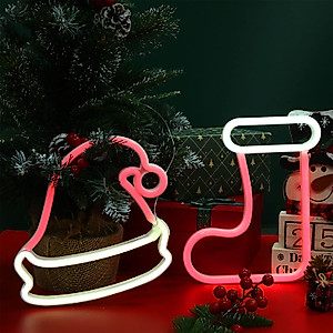3 Pieces Christmas Neon Sign Night Light LED Elk Christmas Stocking Christmas Hat Neon Wall Decor Lights USB and Battery Powered Neon Christmas Light Sign for Bedroom Kids Xmas Gifts Home Wedding Bar