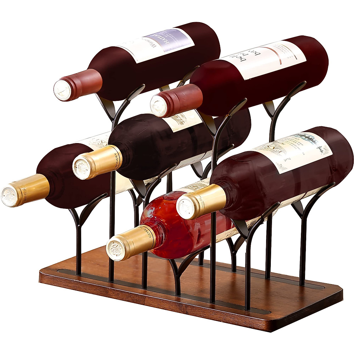 Kovot Tabletop Bottle Rack, 6 Wine Bottle Holder, Dark Brown Wood Base with Black Iron Branches, Countertop Home Decor Kitchen Storage Rack, Bar, Cellar, Cabinet, Pantry