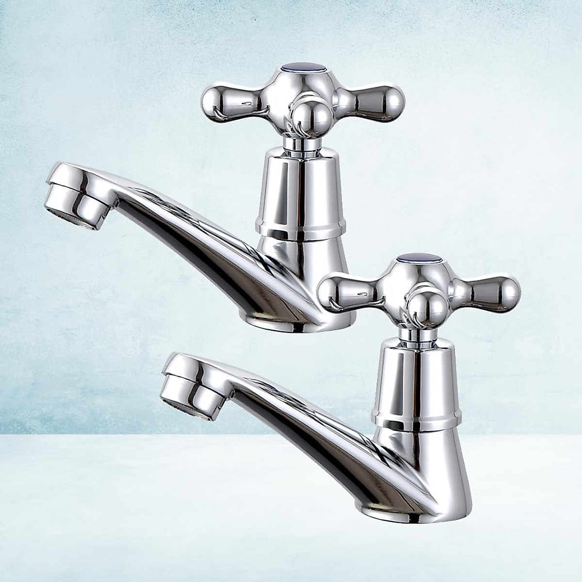 DOITOOL 2 Pcs Basin Taps Mixers Bathroom Sink Tap Basin Mixer Tap Single Lever Basin Faucet Cross Handle Cold Water Sink Basin Taps for Bathroom Kitchen ((Blue Drop Model)