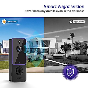 SJCODE Smart Video Doorbell Included Ring Chime, Security Camera Wireless, Battery Powered, Wide-Angle Lens, 2 Way Audio, Night Vision, Human Detection, for Indoor/Outdoor Surveillance