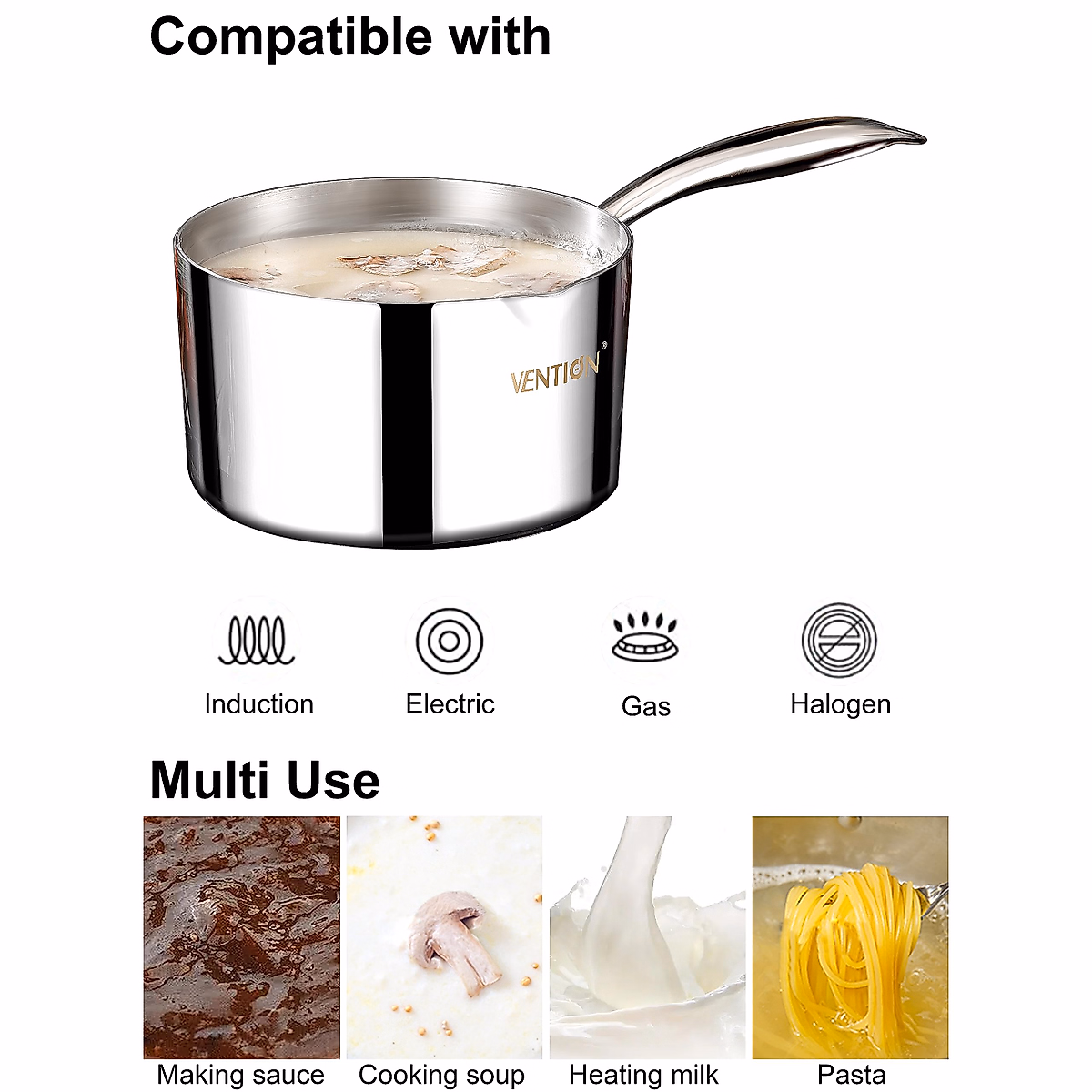 VENTION Tri-Ply Stainless Steel 1 Quart Saucepan with Lid, Bright Small Sauce Pan with Pour Spout, Small Pots for Cooking, Right Hand